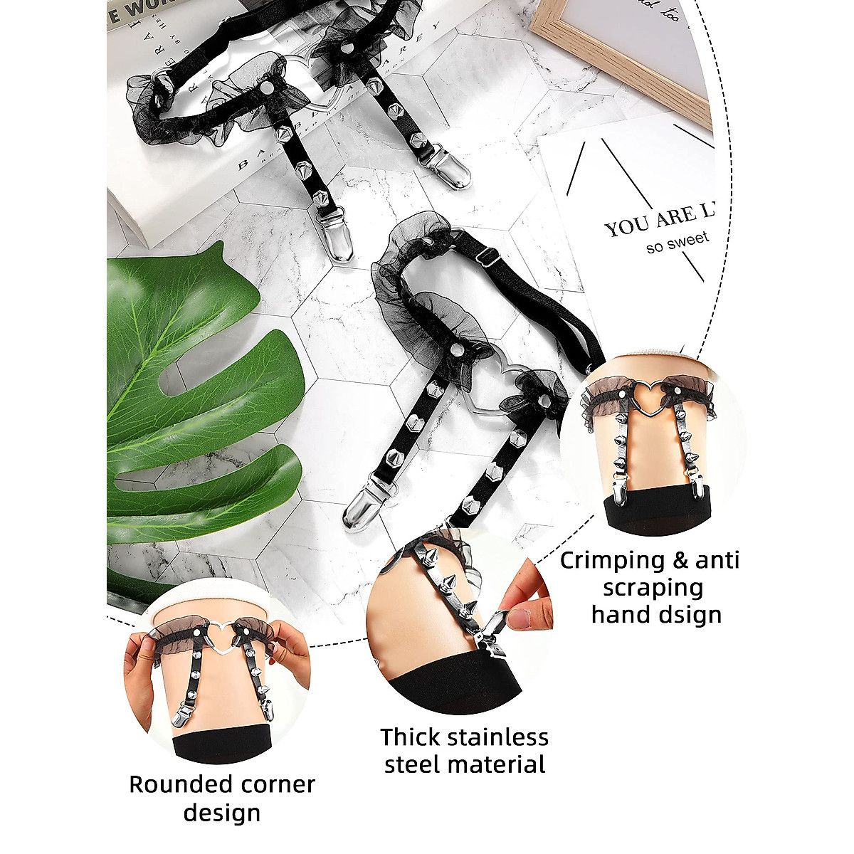 Geyoga 2 Pieces Adjustable Heart Shaped Leg Garters Women Sexy Lace Heart Harness Garter Belts Elastic Punk Rivet Thigh Ring Garters with Non-Slip Clips for Women Black