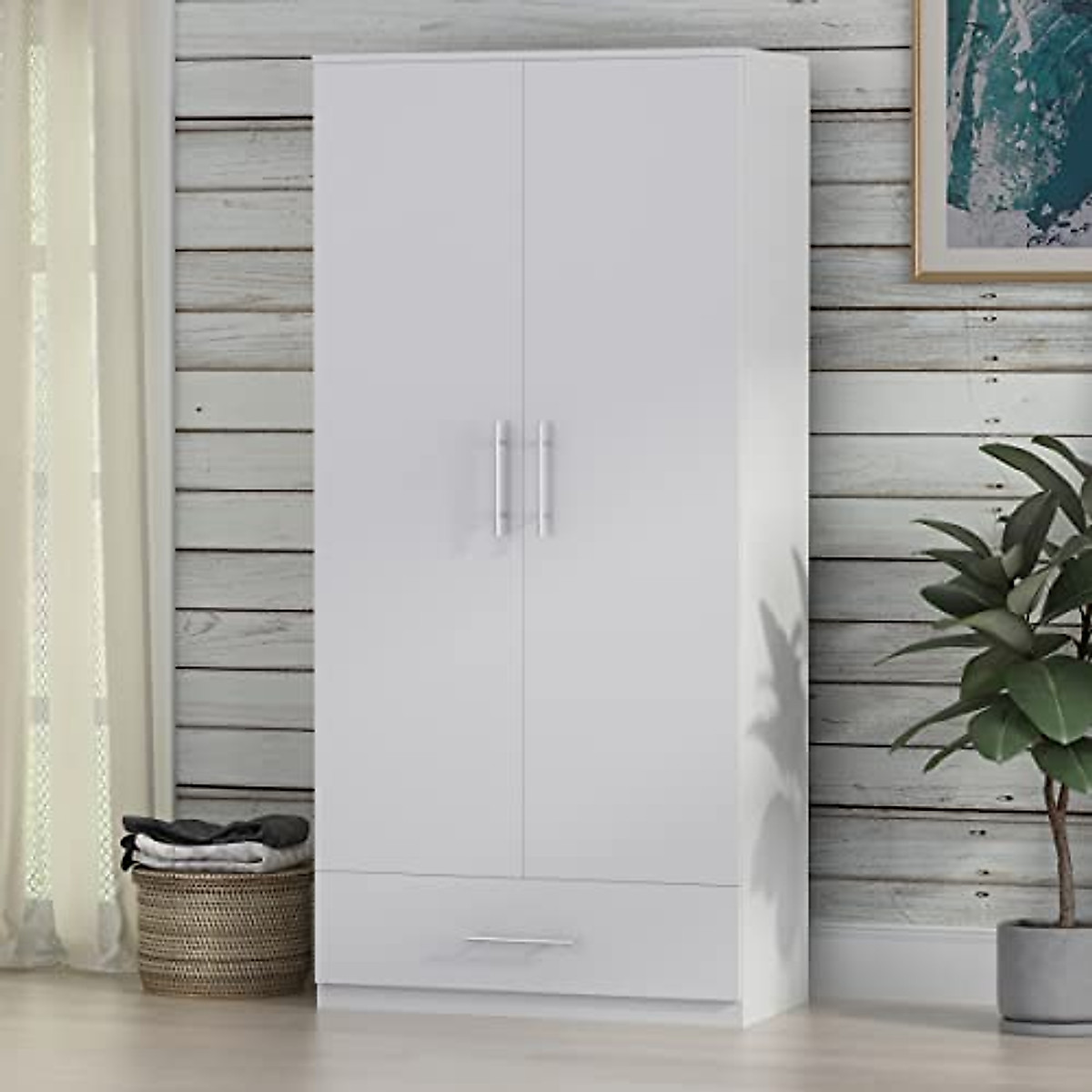 Hitow Wardrobe Armoire Closet with 2 Doors, Freestanding Wardrobe Cabinet with Drawer & Hanging Rod, Bedroom Armoire Clothes Organizer, White Type C (31.5" W x 18.9" D x 66.9" H)