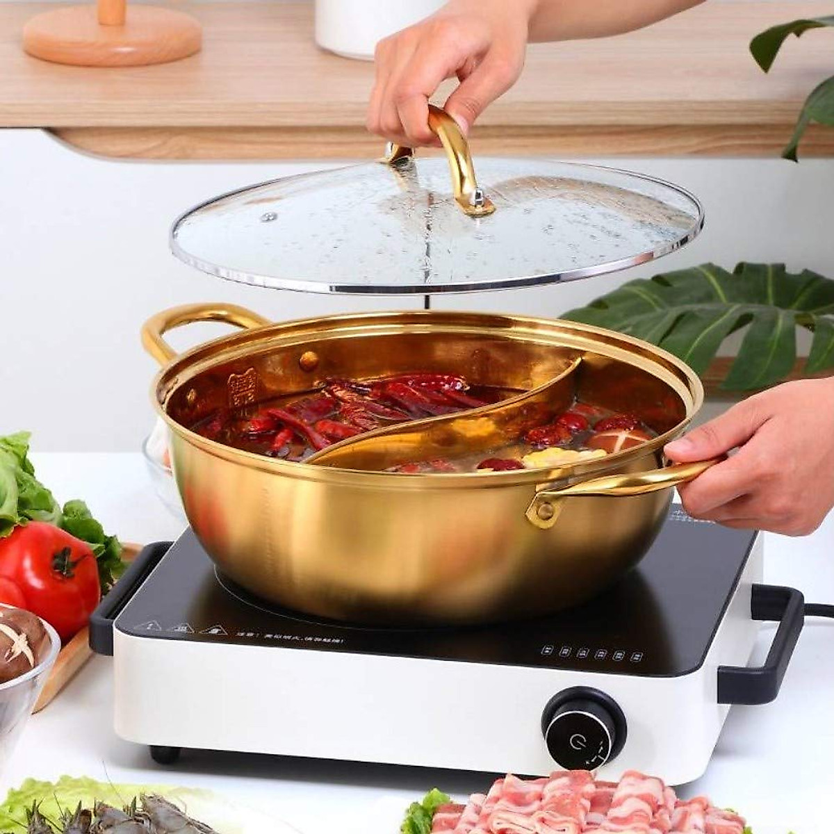 Color ME! 12 Inch 18/8 Stainless Steel Shabu Shabu Hot Pot with Divider Color Me Chinese Induction Shabu Shabu Pot with Glass Lid Dual Sided Stockpots (Gold)