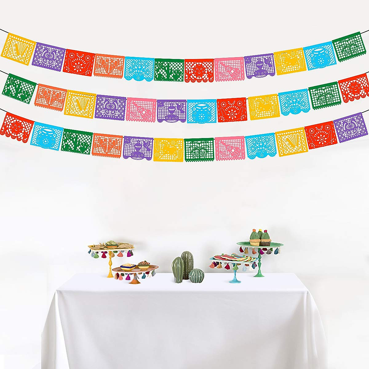 3 Packs Mexican Banners, 66 Ft(22ft x 3) Papel Picado Banner, Large Plastic Mexican Fiesta Banners Cinco de Mayo Party Fiesta Decorations Mexican Themed Birthday Party Supplies 12 Patterns with String