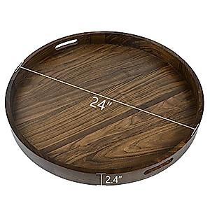 24" x 24" Round Solid Black Walnut Wood Serving Tray Extra Large Ottoman Table Tray Circle Tray with Handle Platter Decorative Tray for Oversized Ottoman