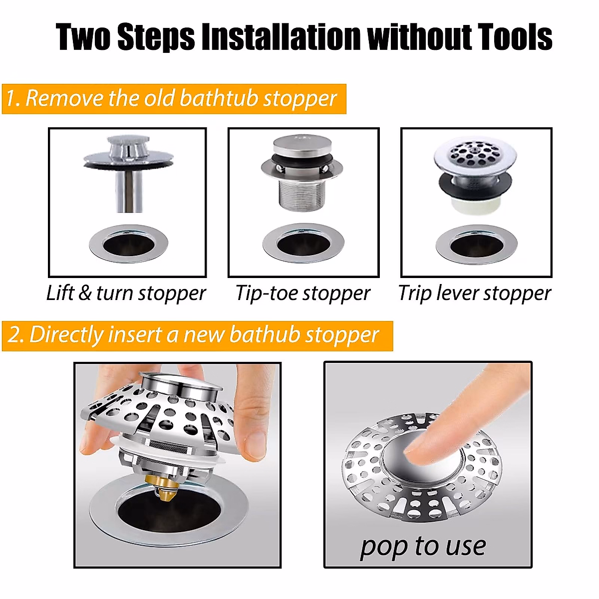 Anlige 1 PCS Tub Stopper with Drain Hair Catcher and 1 PCS Bathtub Drain Stopper, Pop Up Bath Tub Plug and Cover with Strainer, Universal for 1.5 to 2in Tub Drain Hole