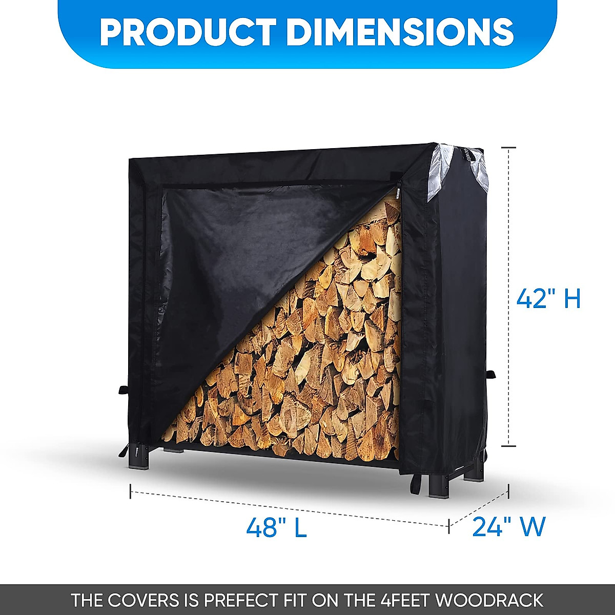 NEVERLAND Firewood Rack Cover 4ft Waterproof Outdoor Heavy Duty for Firewood Log Rack Fireplace Holder Storage Covers Black
