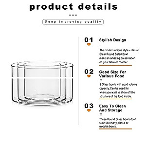 LUXU Glass Salad Bowl Set of 3 Glass,1 of 46OZ Salad Bowl,1 of 29 OZ Mixing bowl,1 of 15 OZ Fruit Bowl
