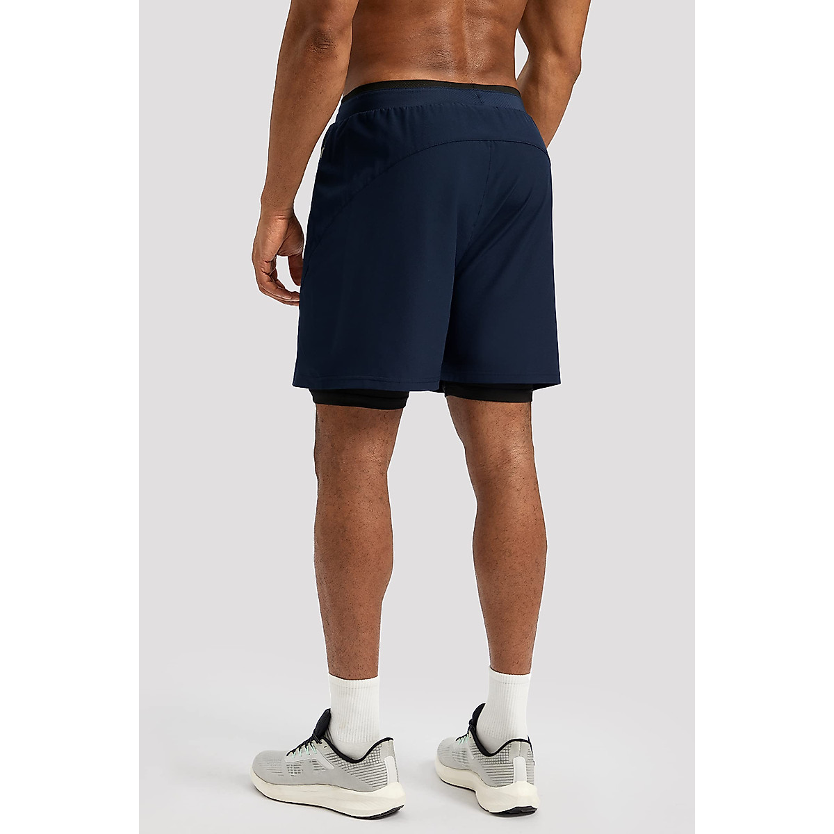 Pudolla Men's 2 in 1 Running Shorts 7" Lightweight Workout Athletic Gym Shorts for Men with Zipper Pockets(Navy Medium)