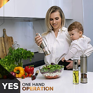 Electric Salt and Pepper Grinder Set | Stainless Steel Battery Operated Mill with Light | Pack with Oil Sprayer, Silicone Funnel, Cleaning Brush, and eBook | Adjustable Coarseness | Ceramic Grinders