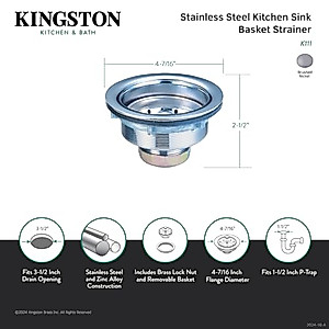 Kingston Brass K111 Stainless Steel Kitchen Sink Strainer with Die Cast Nut, 4-7/16-Inch Diameter, Brushed Nickel