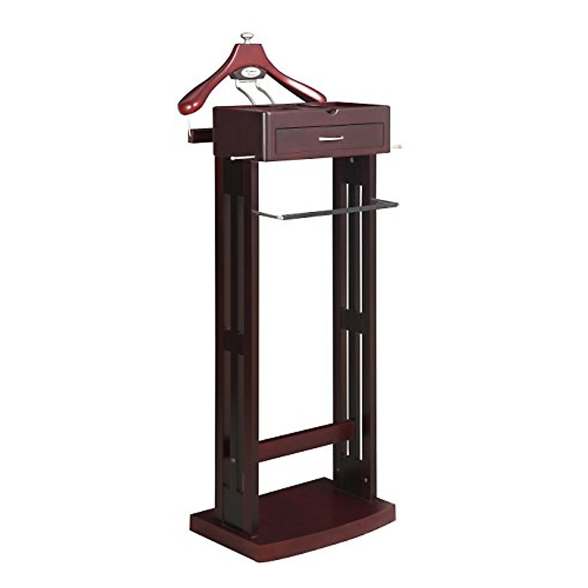 Proman Products Norstar Suit Valet Stand VL36245 with Detachable Hanger, Trouser Bar, Tie Bars, Mirror Tray & Drawer, 20”W x 15” D x 49”H, Mahogany