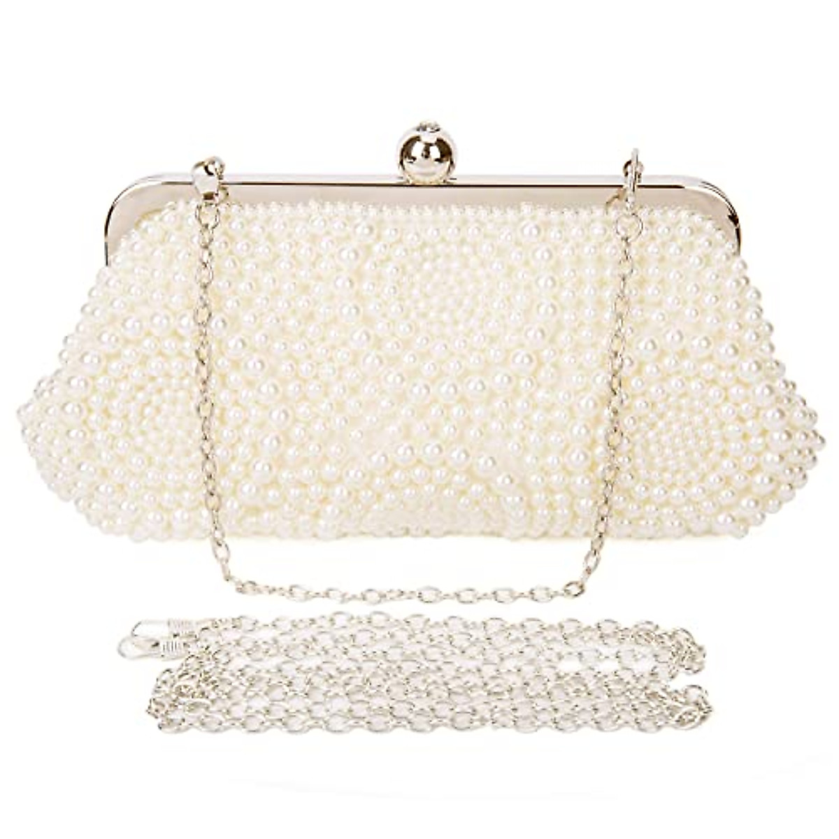 Pinprin Ladies Pearl Clutch Bag Womens Beaded Handbag Formal Prom Bridal Wedding Cocktail Party Purse (A-White)