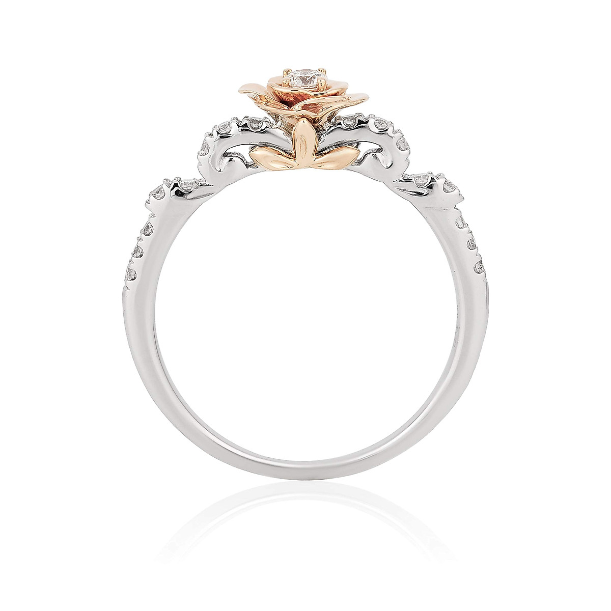 Jewelili Enchanted Disney Fine Jewelry Sterling Silver and 10K Rose Gold With 1/4Cttw Diamond Belle Rose Ring