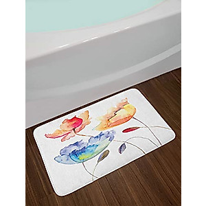 Ambesonne Watercolor Flower Bath Mat, Summer Flowers in Retro Style Painting Effect Nature is Art, Plush Bathroom Decor Mat with Non Slip Backing, 30.2" x 20", Orange Blue Red