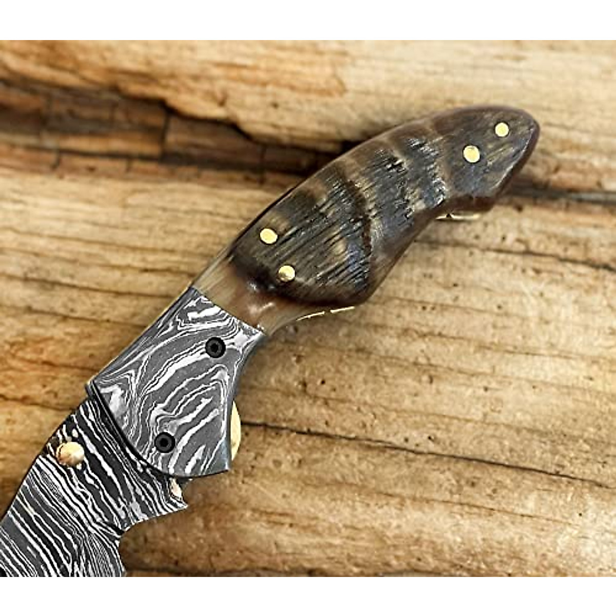 Damascus Steel Folding Pocket Knife With Ram Horn Handle - 100% Handmade Gift Knives for Men With Leather Sheath - 7.5 inches Knives For Hunters - Perfect for Any Occasion, Birthday, Anniversary, Wedding, Graduation