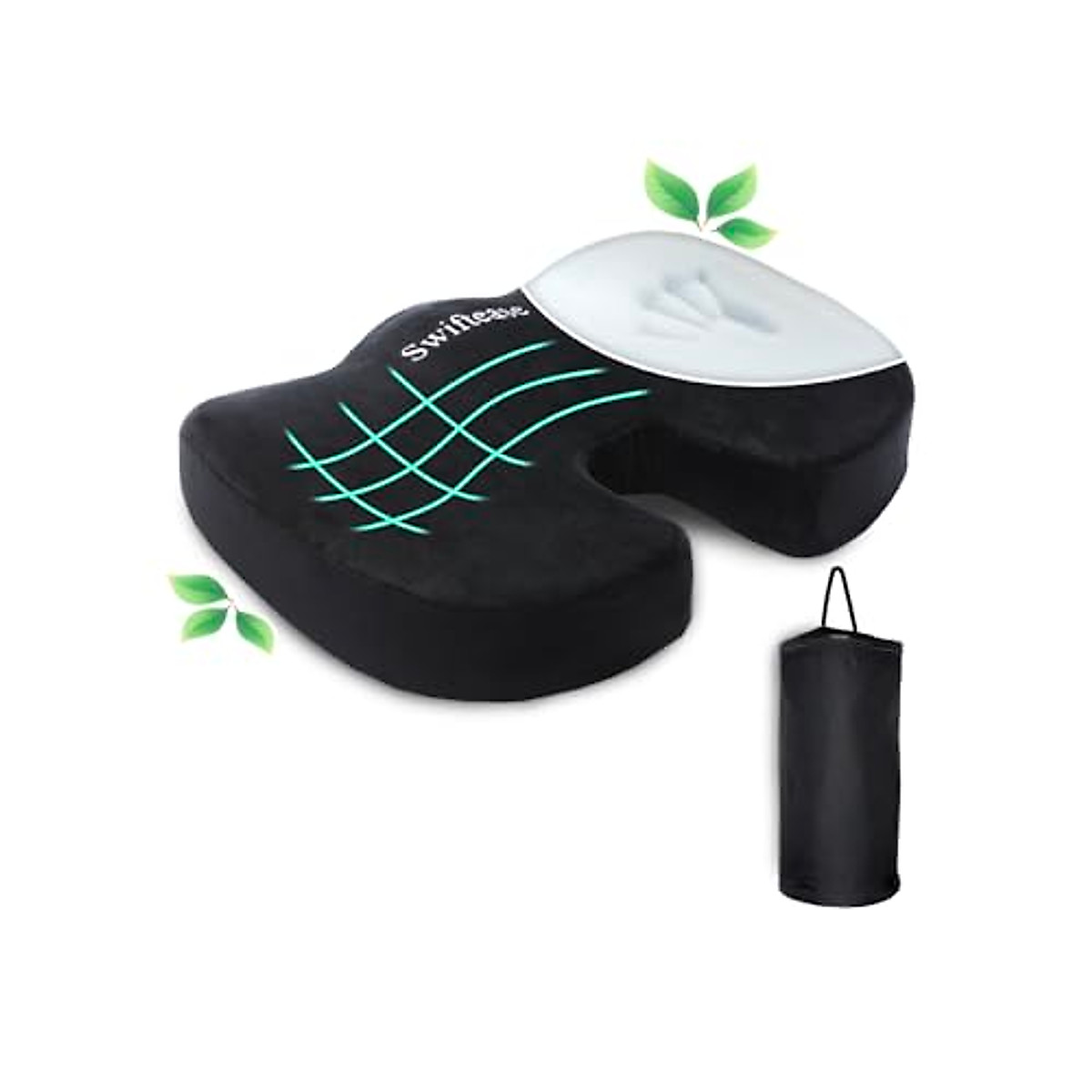 Swiftease Memory Foam Seat Cushion for Chair Long Sitting Hours Office Desk Car Chair Butt Pillow Body Travel Wheelchair Premium Gaming School Pain Relief and Travel Carrying Bag Included