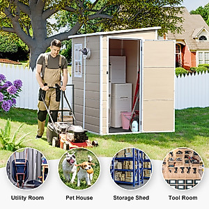 Outdoor Storage Shed 5x4 FT, Resin Outside Sheds Storage with Floor, Window & Lockable Door Included, Tiny Tool House for Garden Backyard Patio Lawn Garage, Small Wood Like Plastic Shed Kit for Bike