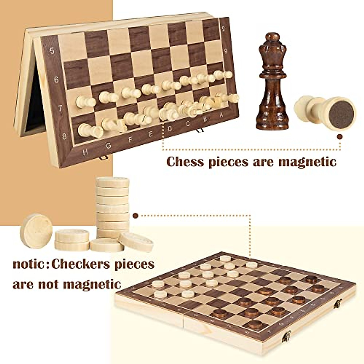ropoda Magnetic Chess Set, 15" Folding Wooden Chess Board with Foam Storage Slots, Unique Chess Set for Kids and Adults, Portable and Foldable Wooden Board Game & Checkers Game, Including Extra Queens