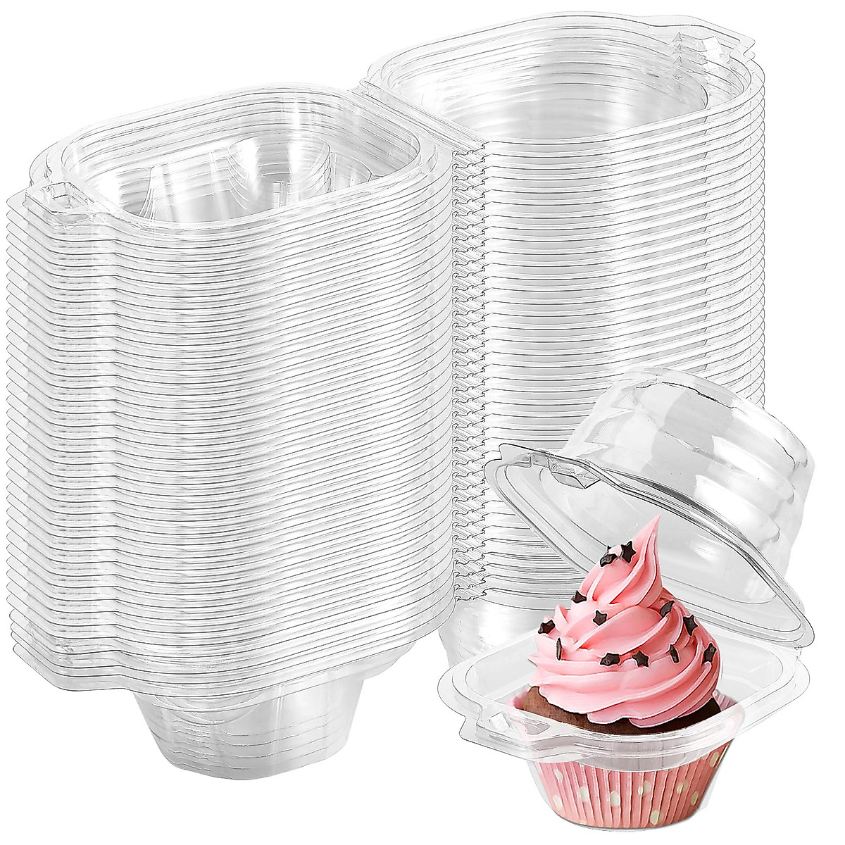 Vyndicca 100Pack Individual Cupcake Containers,Disposable Clear Plastic Cupcake Holders,Stackable Single Compartment Cupcake Carrier With Connected Airtight Deep Dome Lid for Cake Muffins,BPA Free