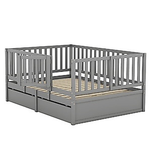 Harper & Bright Designs Kids Full Size Bed with Storage Drawers and Rails Fence, Wood Daybed Frame Montessori Bed for Girls Boys, Can Split into Independent Floor Bed & Daybed, Gray