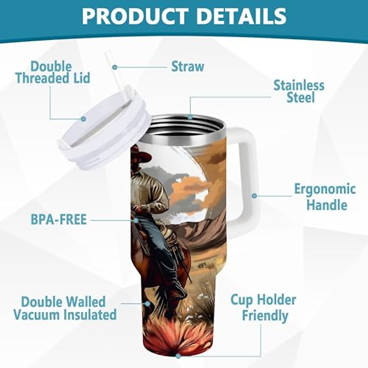 Jihqo Western Cowboy Dessert 40 oz Stainless Steel Vacuum Insulated Tumbler with Handle and Straw Lid, Leakproof Water Bottle Double Wall Travel Mug Coffee Cup, Cupholder Friendly