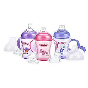Nuby 3 Piece Natural Touch 3 Stage Wide Neck Breast Size Bottle-to-Cup, Girl