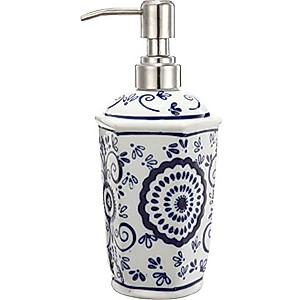 A&B Home 4 Piece Blue & White Ceramic Bathroom Set w/Soap Dispenser Toothbrush Holder Tumbler & Soap Dish