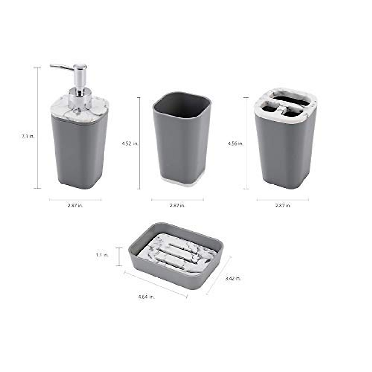 KRALIX Four Piece Bathroom Vanity Accessory Set - Includes Toothbrush Holder, Lotion Dispenser, Soap Dish and Tumbler - Grey