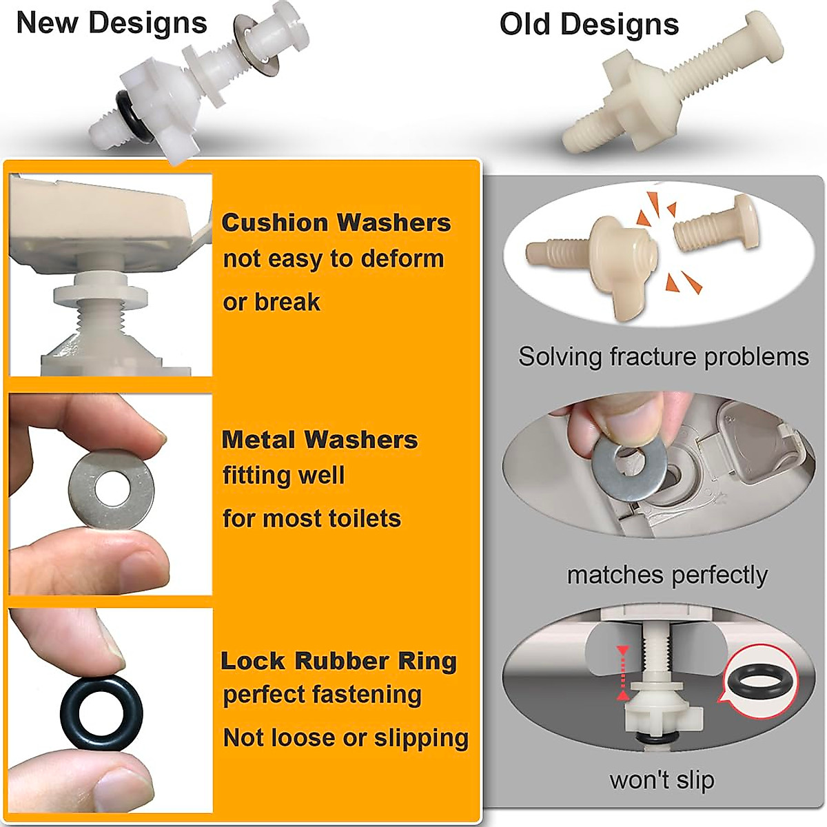 2 Pack Universal White Plastic Toilet Seat Screws Replacement, Toilet Seat Hinges Bolts and Nuts For Top Mount Toilet lid Fastener Parts Kit