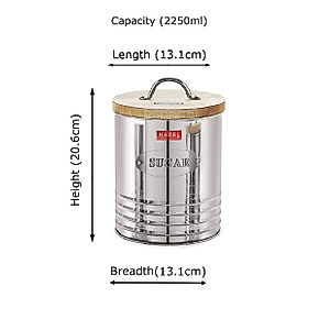 HAZEL Stainless Steel Sugar Storage Jar Container With Wood Lid, 2250 ML, Silver