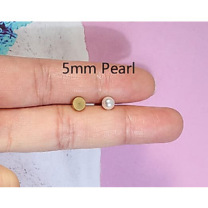 14K Gold Screw Back Pearl Stud Earrings for Women,Flat Back Pearl Cartilage Earrings Pearl Helix Earrings Hypoallergenic 316L Surgical Steel Piercing Jewelry Gift for Toddlers (5mm Pearl, Gold)