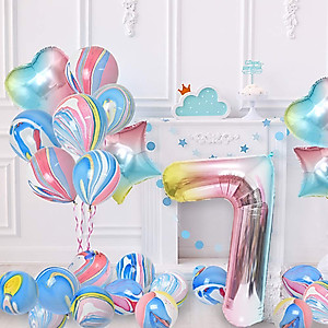 KUNGYO Rainbow 7th Birthday Party Decorations - Girls Birthday Party Supplies Include HAPPY BIRTHDAY Balloon Banner, Giant Number 7 Foil Balloon, Rainbow Star and Heart Balloon, Latex Balloons 28PCS