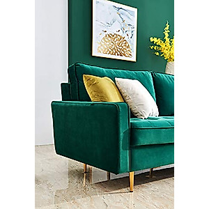 JULYFOX Emerald Green Velvet Fabric Sofa Couch, 70 inch Wide Mid Century Modern Living Room Couch 700lb Heavy Duty with 2 Throw Pillows
