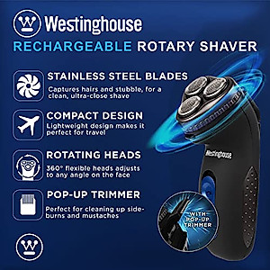 Westinghouse Shavers for Men Rechargeable Electric Razor for Men, Cordless Rotary Electric Shaver with Pop-Trimmer with Powerful Rotating Heads