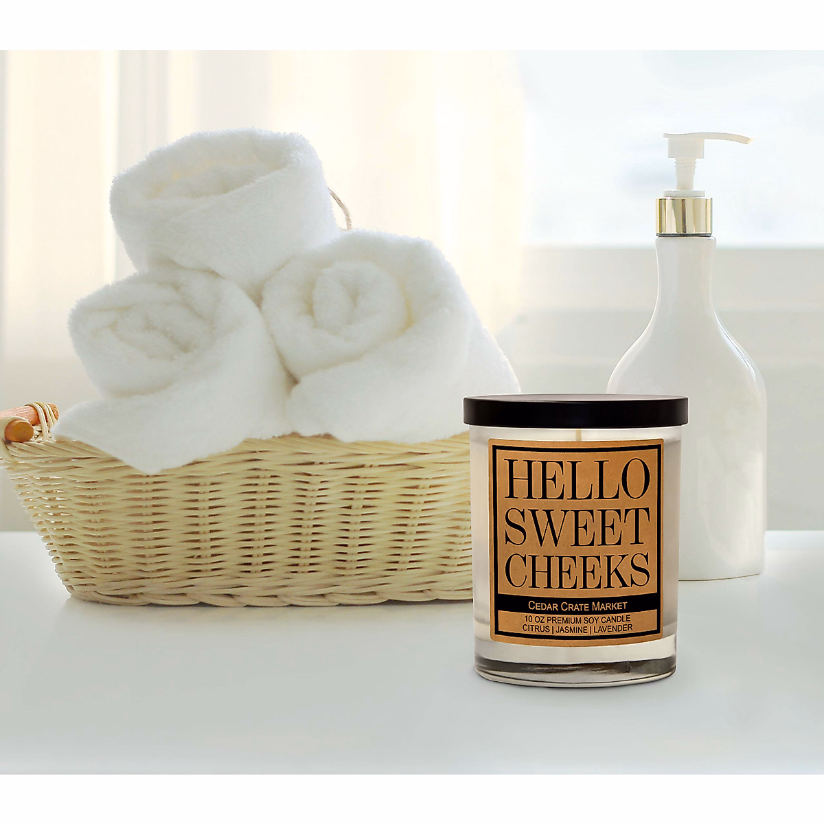 CEDAR CRATE MARKET Hello Sweet Cheeks, Kraft Label Scented Soy Candle, Citrus, Jasmine, Lavender, 10 Oz. Glass Jar Candle, Made in The USA, Decorative Candles, Funny and Sassy Gifts