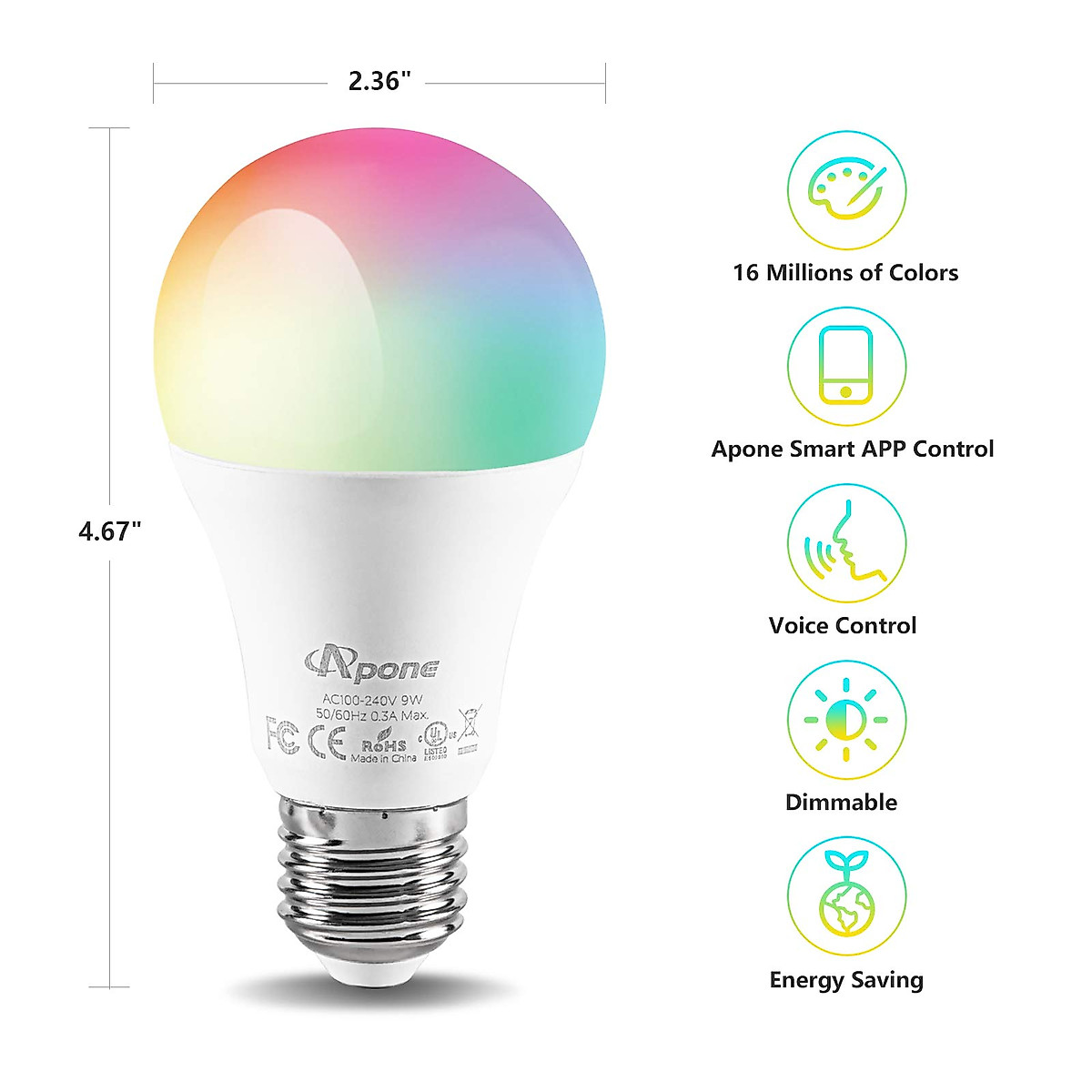 Smart A19 LED Smart, WiFi Light Bulb Compatible with Alexa Google Home, with Over 16 Million Vivid Color, Cool Warm White Dimmable, No Hub Required, 60W Equivalent, RGB+2700K-6500K, 4 Pack
