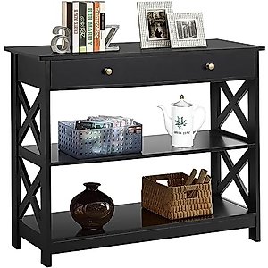 Yaheetech Console Table with Drawer, 39.5 Inch Narrow Sofa Table with Storage Shelves, 3-Tier Wood Entryway Table for Hallway/Living Room/Foyer, Black
