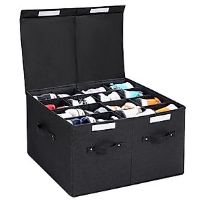 Shoe Storage Organizer for Closet Fits 16 Pairs, Shoe Storage Box Bins with Adjustable Dividers for Shoes, Sandal, Sneakers and High Heeled, Stackable and Foldable (Black)