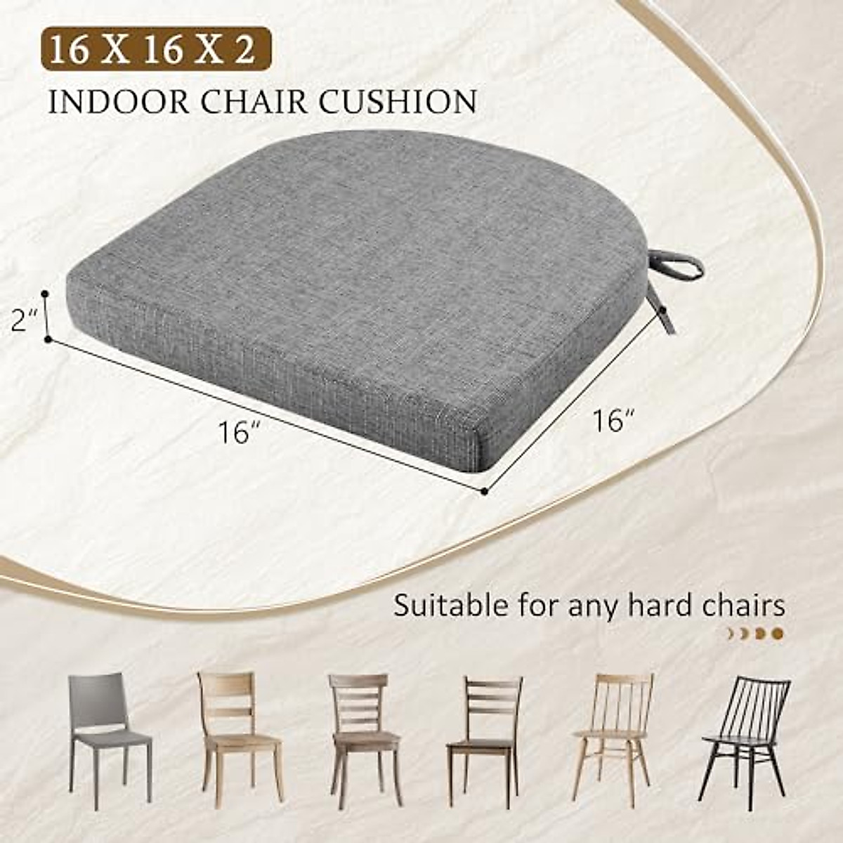 LOVTEX Chair Cushions for Dining Chairs 6 Pack - Memory Foam Chair Pads with Ties and Non-Slip Backing - Seat Cushion for Kitchen Chair 16x16x2, Dark Gray