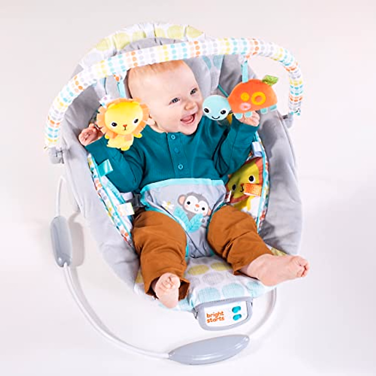 Bright Starts Comfy Baby Bouncer Soothing Vibrations Infant Seat - Taggies, Music, Removable-Toy Bar, 0-6 Months Up to 20 lbs (Whimsical Wild)