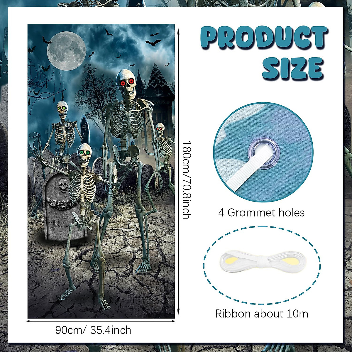 Generic Halloween Door Cover Decorations Scary Skeleton Theme Door Backdrop Halloween Photo Props Halloween Party Front Door Decorations Banner (6x3（180cmx90cm）)