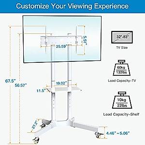 Mobile TV Cart with Wheels for 32-83 Inch LCD LED 4K Flat Curved Screen TVs- Height Adjustable Rolling TV Stand Hold Up to 132 lbs- Trolley Floor Stand with Tray Max VESA 600x400mm White PSTVMC01W