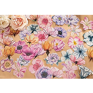 LakoArt 80 Pieces Large Size Transparent Waterproof Flower Stickers Set, Decorative Floral Clear Vinyl Wall Decals for Planner Scrapbook Aesthetic Room Decor Junk Journal Bullet Journals Collage