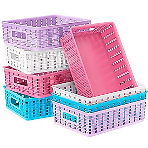 WUWEOT 8 Pack Plastic Storage Basket, 11.2" x 8.1" x 3.3" Woven Storage Bins Pantry Basket, Shelf Baskets Tray with Handle for Classrooms Office