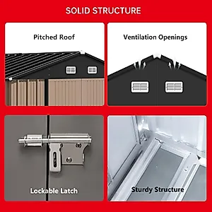 JoanKaren Outdoor Storage Shed House 8x10 FT, Heavy Duty Steel Metal Sheds with Doors for Patio Garden Backyard, Large Cabinet to Store Bikes, Tools and Lawnmowers, Ventilated & Waterproof (Brown)