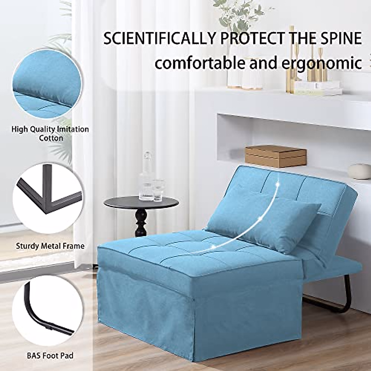 Sofa Bed,4 in 1 Multi Function Folding Ottoman Sleeper Bed,Modern Convertible Chair Adjustable Backrest Sleeper Couch Bed for Living Room Small Room Apartment,Light Blue