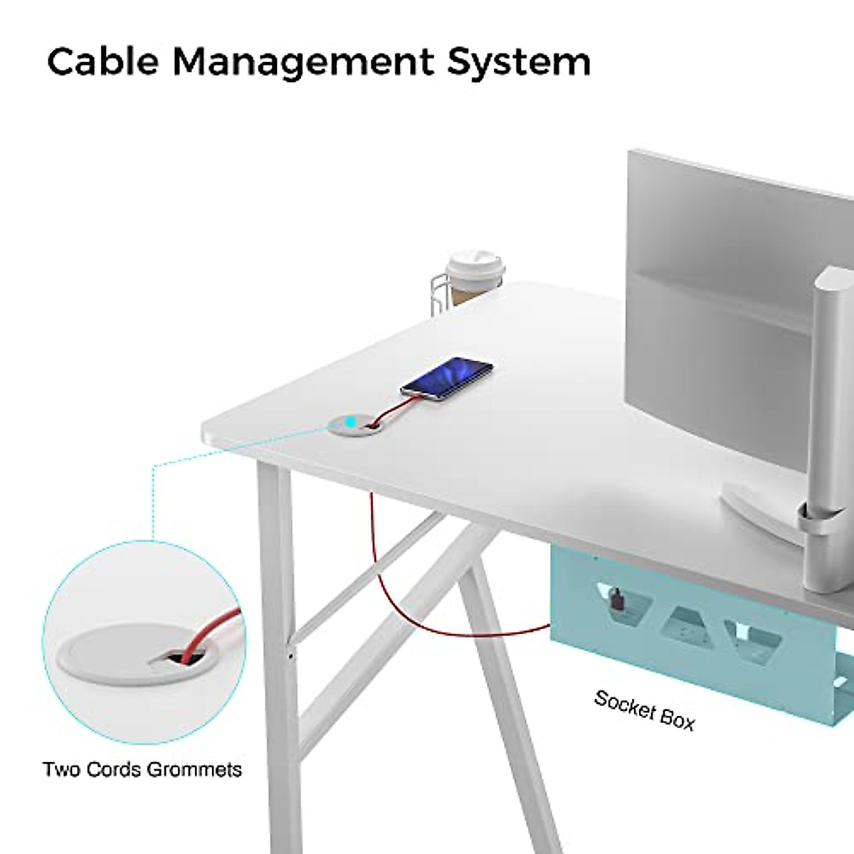 EUREKA ERGONOMIC White Computer Desk, 63 x 24 Inch K Shaped Long Gaming Desk for Home Office Work Study Writing Table with Cable Management, Cup Holder, Headphone Hook, Mouse Pad, Easy to Assemble