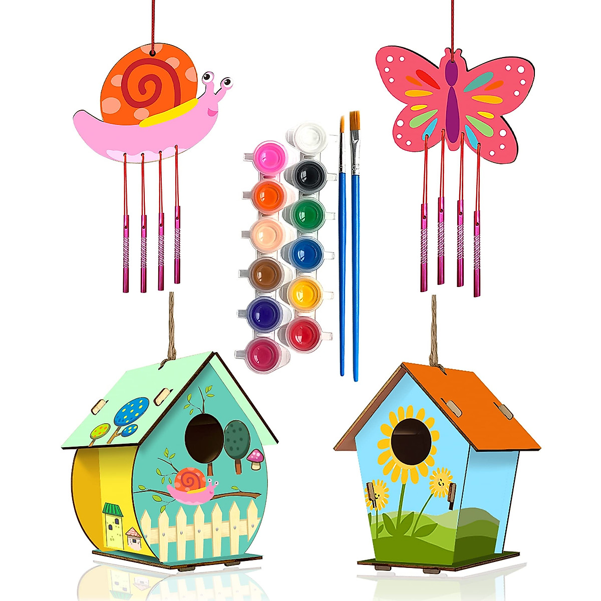 HOME COMPOSER 4 Pack DIY Bird House Wind Chime Kits for Children to Build and Paint, Wooden Arts and Crafts for Kids Girls Boys Toddlers Ages 8-12 4-6 6-8, Paint Kit Includes Paints & Brushes