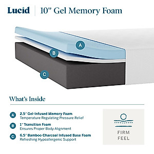 LUCID 10 Inch Memory Foam Mattress - Firm Feel - Infused with Bamboo Charcoal and Gel - Bed in a Box - Temperature Regulating - Pressure Relief - Breathable - Twin XL Size