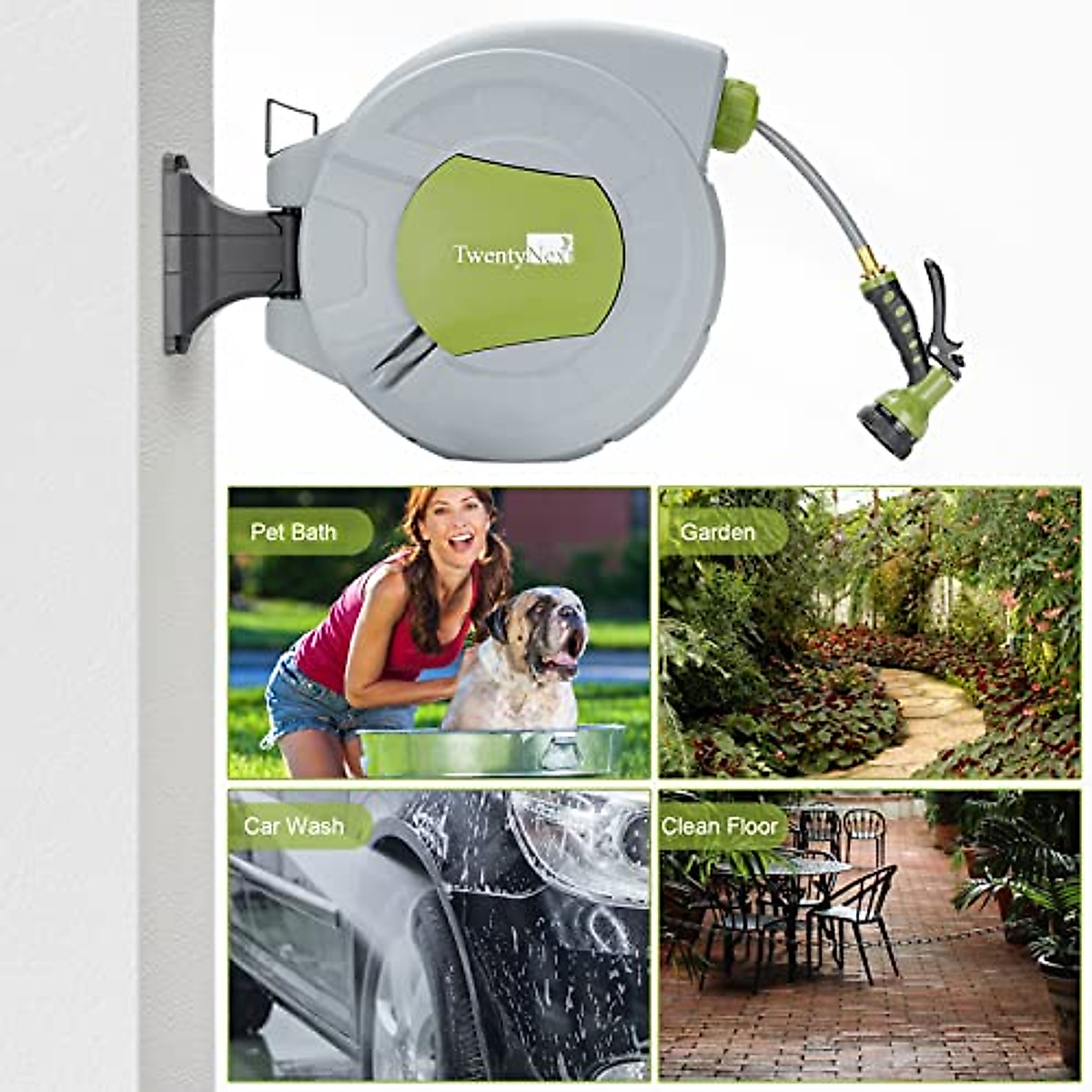 Automatic Hose Reel Retractable,Garden Hose Reel with Wall Mount,Water Hose Reels for Outside,1/2''x 92+6.5Ft Water Hose,9 Pattern Hose Nozzle,180° Swivel Bracket,Any Length Lock for Garden Hose Reel