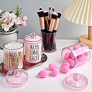 TUZAZO 4 Pack Qtip Holder Apothecary Jars with Lids, 10 oz Bathroom Organizer Storage Canister Set for Cotton Ball Holder, Cotton Swabs, Cotton Round Pads, Floss, Hair Ties and Hair Pins, Bathroom Decor Containers (Clear Pink)
