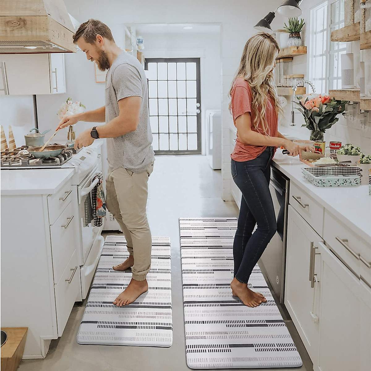 FRESHMINT Farmhouse Stripe Anti-Fatigue Kitchen Mat Set of 2, Cushioned Foam Kitchen Mats for Floor, Waterproof Non Slip Comfort Mat, Modern Kitchen Rug for Kitchen Decor, Sink, Laundry, Office