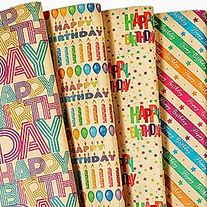 THMORT Birthday Wrapping Paper for Kids, Boys&Girls, Adults. Kraft Brown Recycled Gift Wrapping Paper ,Rainbow stripe Happy Birthday 4 Colorful Designs for Baby Shower, Holiday, Party Pack of 12 Sheets 29 X 20 Inch.